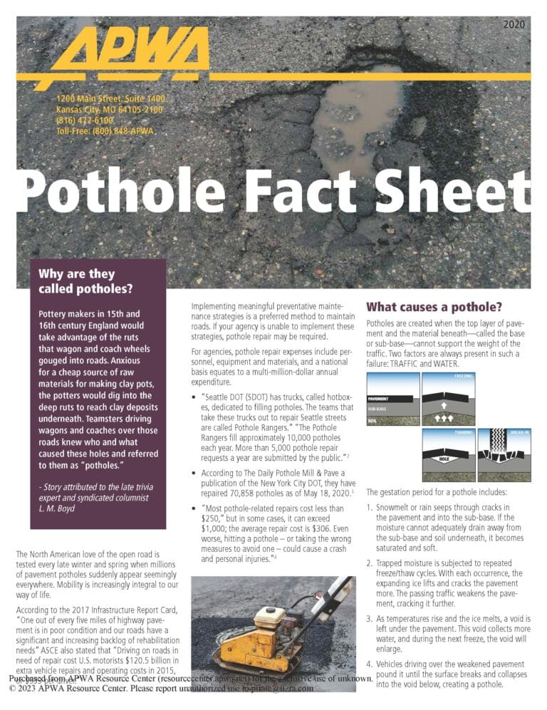 Pothole Fact Sheet – American Public Works Association