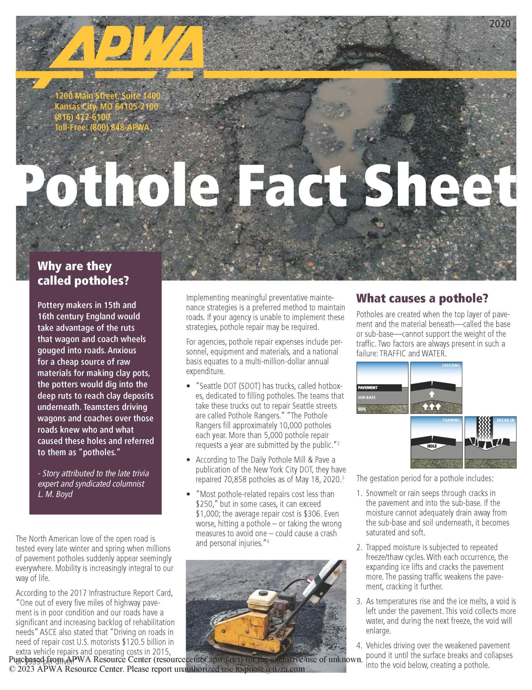 Pothole Fact Sheet – American Public Works Association